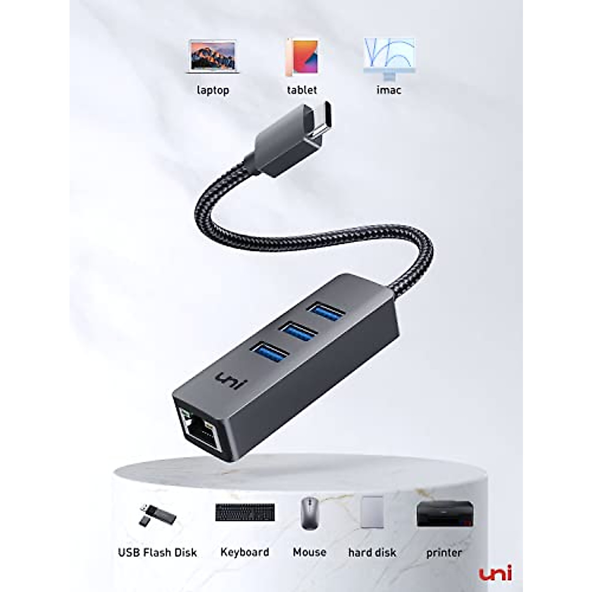USB C to Ethernet Adapter, uni USB-C Hub with RJ45 Gigabit, [Thunderbolt 3/4 Compatible] USB 3.0 Multiport Hub for MacBook Pro/Air, iMac, iPad Pro, Surface Pro 7, Chromebook, XPS 17/15/13, and More