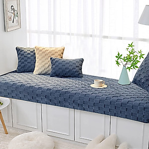 JeogYong Non Slip Bay Window Cushion Pad, Ultra Soft and Plush Window Seat Cushions Indoor Bedroom Living Room Home Decor Plaid Bench Cushion Covers for Indoor Bay Window Seating Area, Dark Blue