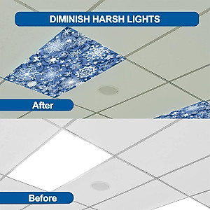 4 Pack Fluorescent Light Covers for Ceiling Light, Frosty blue Christmas pattern stylized snowflakes butterflies leaves Light Filters for Classroom Office Home, 4' x 2' Decorative Magnetic Light Cover