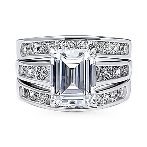 BERRICLE Sterling Silver Solitaire Wedding Engagement Rings 3.8 Carat Emerald Cut Cubic Zirconia CZ Statement Ring Set for Women, Rhodium Plated Size 7
