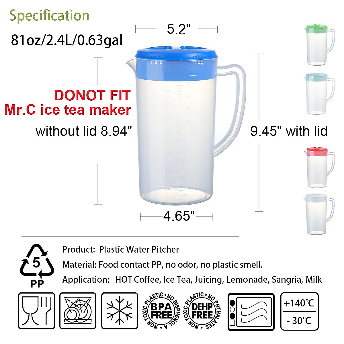 0.66 Gallon/2.5 Litre Plastic Pitcher with Lid BPA-FREE Eco-Friendly Carafes Mix Drinks Water Jug for Hot/Cold Lemonade Juice Beverage Jar Ice Tea Kettle (Navy, 81oz)