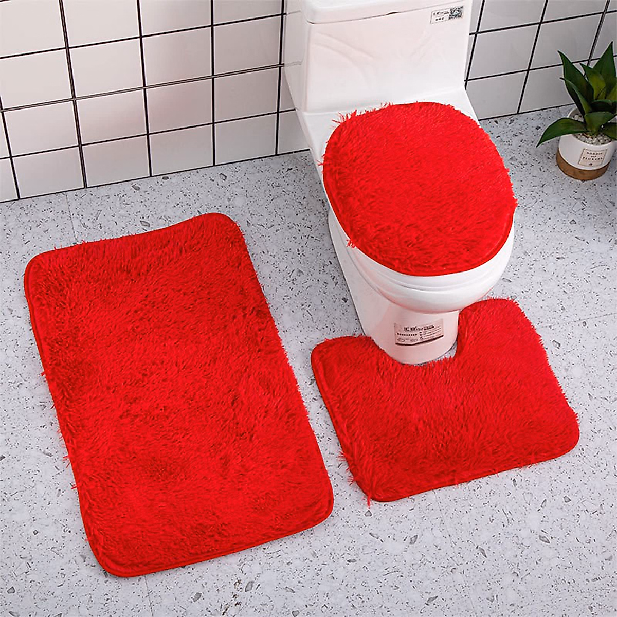 Bathroom Rugs Sets 3 Piece, Velvet Memory Foam Bath Mat - Non-Slip, Machine Washable Bath Rugs - Dries Quickly, Soft Plush Anti-Slip Rectangular Bath Rug + U-Shaped Toilet MaT. (Red)