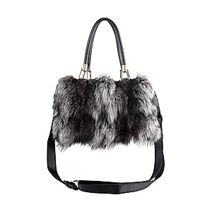 Fur Story Women's Fox Fur Chain Bag Fuzzy Shoulder Handbag for Women Big Fluffy Tote Cute Purses Black Bag