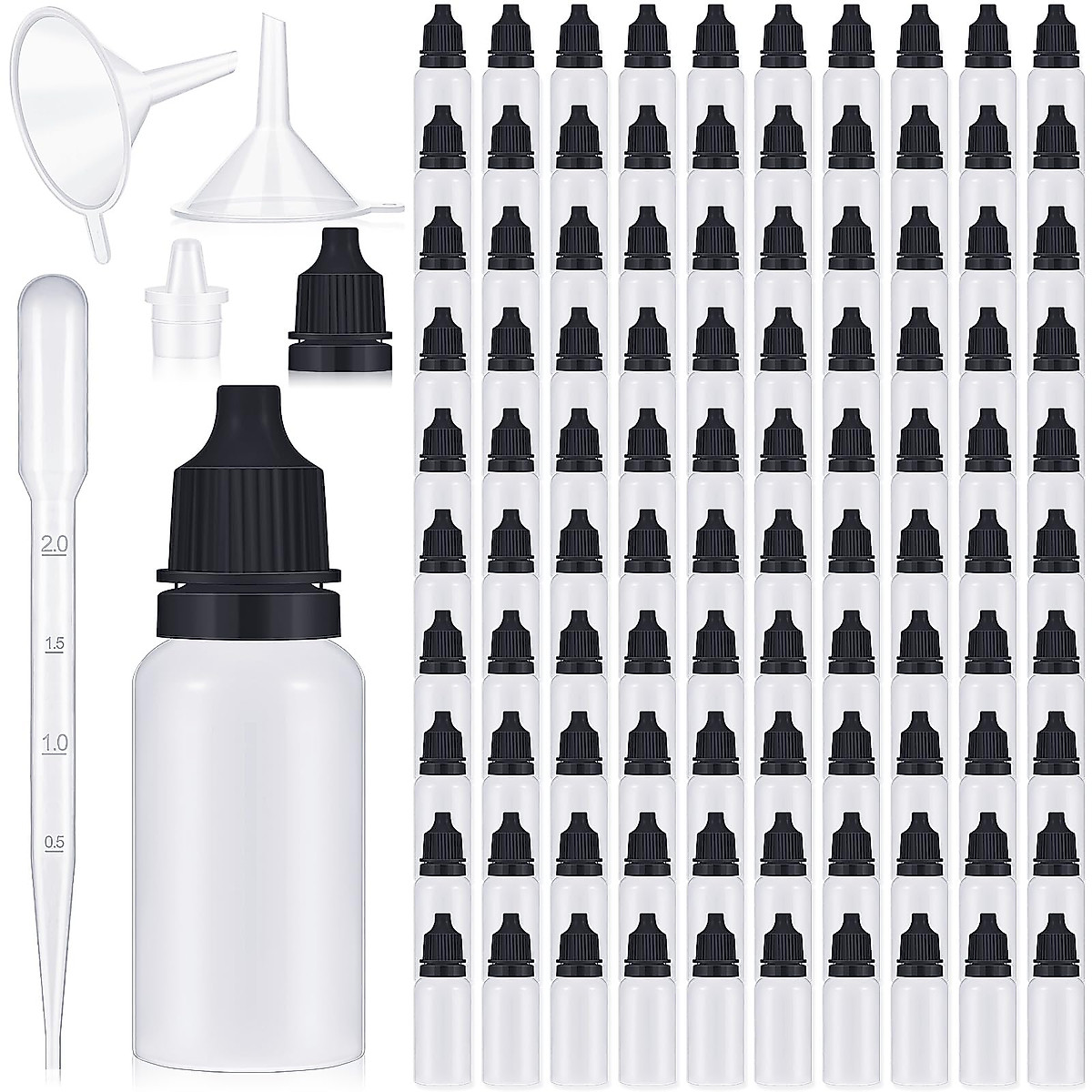Uiifan 100 Plastic Dropper Bottle Squeezable Liquid Dropper Eye Dropper Bottle with Screw Cap 10 Funnel Dropper for Eye Drop (Black,10 ml)