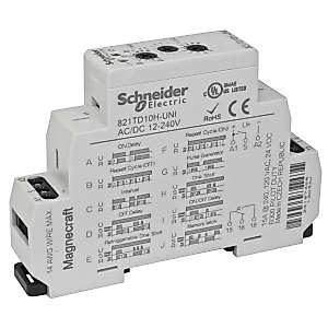 Schneider Electric/Magnecraft 821TD10H-UNI Timer; Multi-Function; 0.1s-10d; E-Mech; SPDT; 15A@240VAC/24VDC; Ctrl-V12-240; DIN Rail