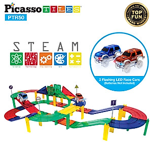PicassoTiles 50 Piece Race Car Track + Ideabook with Over 150+ Ideas, Magnet DIY Playset 2 Light Up Car STEM Learning Kit Hand-Eye Coordination Fine Motor Skill Training, Unique Innovative Creations