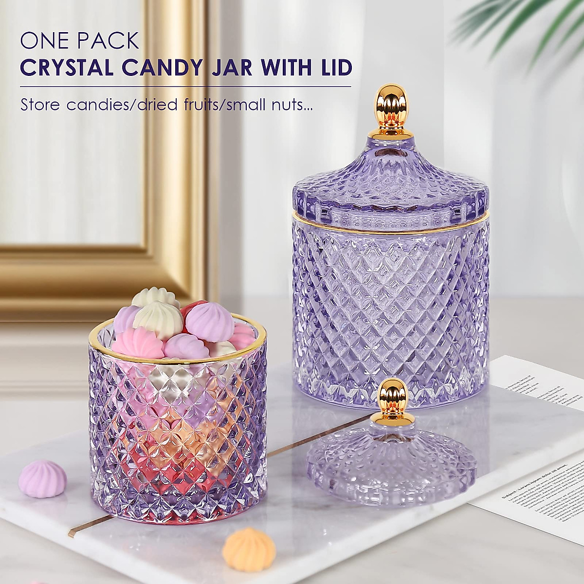 ALAMHI Candy Dish Glass Cookie Jar with Lid Candy Bowl for Office Desk Decor, Apothecary Jars Purple Bathroom Accessories Cute Room Decor Aesthetic, Q Tip Holder Decorative Glass Jewelry Box (20oz)
