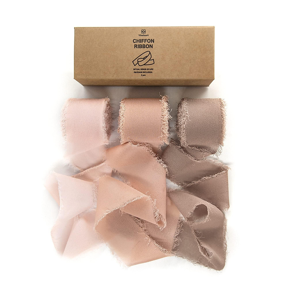 Vitalizart Dusty Rose Handmade Chiffon Silk Ribbon Fringe 1.5" x 21 Yd Frayed Edges Brown Ribbons for Wedding Invitations Bridal Bouquets Gifts Wrapping Crafts Holiday Party Decorations Nude Pink
