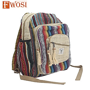 Fwosi Handmade Hippie Backpack - Pure Hemp Bookbag for School, Day Hiking & Travel - Lightweight, Multi-Pocket, 5 Compartments for Books, Purse, Wallet, Everyday Accessories - Crafts from Nepal