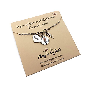 Loss of Brother Memorial Necklace, Photo Jewelry with Picture Charm, Condolence Gift for Brother in Heaven, Angel Wing Remembrance Jewelry