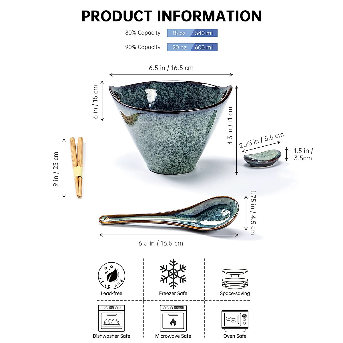 Henten Home 20 OZ Ramen Bowls Set, Ceramic Japanese Noodle Bowls Set of 2, Porcelain Deep Salad Bowl with Chopsticks for Udon, Reactive Glaze, Microwave Safe (Teal)