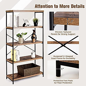 Tangkula 5-Tier Bookcase, Rustic Industrial Bookshelf, Décor Accent Display for Home, Office, Living Room, Bedroom, Wood Shelves w/Metal X-Shaped Frame, Display Bookshelf (Brown)