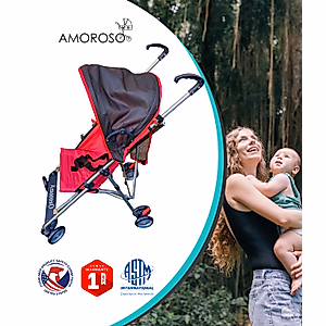 AmorosO Single Umbrella Stroller for Toddler, Travel Stroller for Babies - Sunlight and Light Rain Protection - Baby Stroller with Four EVA Wheels - Travel-Ready Stroller - Round Canopy (Red/Black)