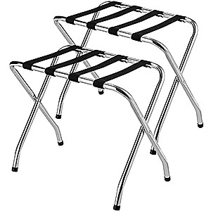 MAT EXPERT Folding Luggage Rack, No Assembly Required, 180lbs Capacity Luggage Holder w/ Nylon Straps & Non-slip Footpads, Chrome Suitcase Stand for Guest Room Home Bedroom Hotel, Set of 2, Silver