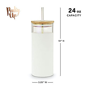 Pinky Up Katherine Glass Tumbler Travel Mug, Reusable Glass with Silicone Sleeve, Bamboo Lid, and Glass Straw, 24 Ounces, Set of 1, White