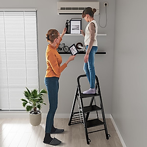 S AFSTAR 2-in-1 Folding Ladder & Hand Truck Combo, 3-Step Step Ladder with Wheels, Convertible Hand Cart with Wide Steps, 550 Max Load, Heavy-Duty Metal Dolly Cart Ladder for Home Office Garage