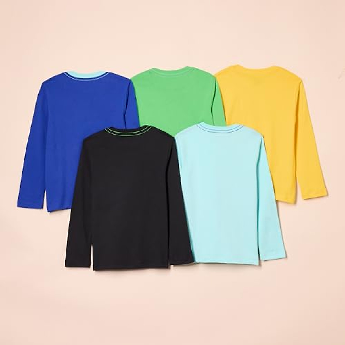 Amazon Essentials Boys' Long-Sleeve T-Shirts, Pack of 5, Black/Blue/Yellow, Large
