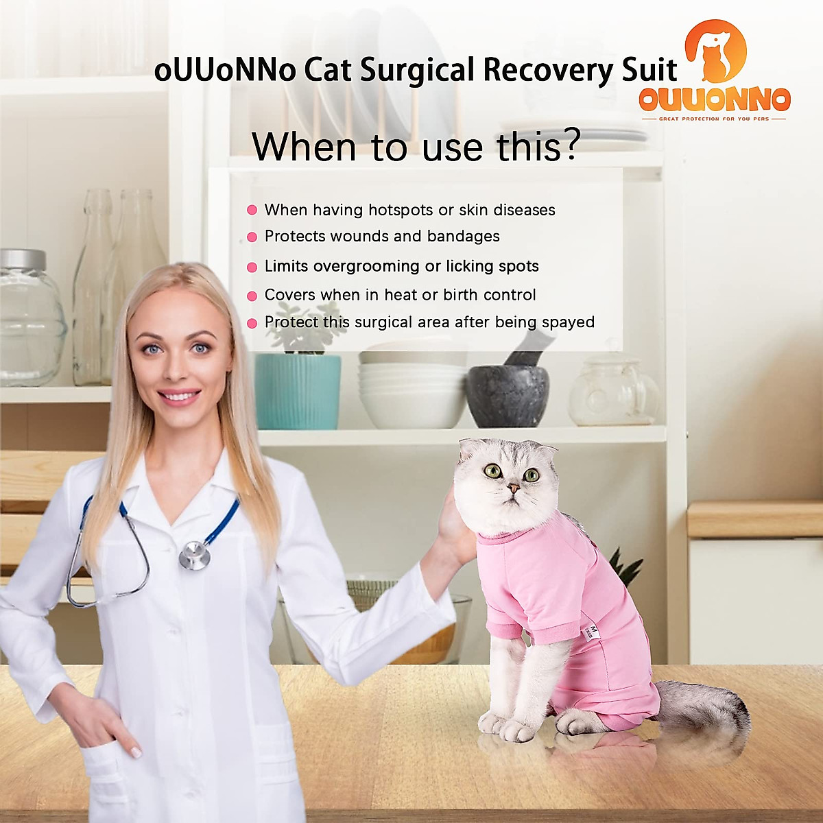 oUUoNNo Cat Recovery Suit for Abdominal Wounds or Skin Diseases,E-Collar Alternative for Cats,After Surgery Wear,Pajama Suit Long Sleeve Prevent Shedding (X-Small, Pink)