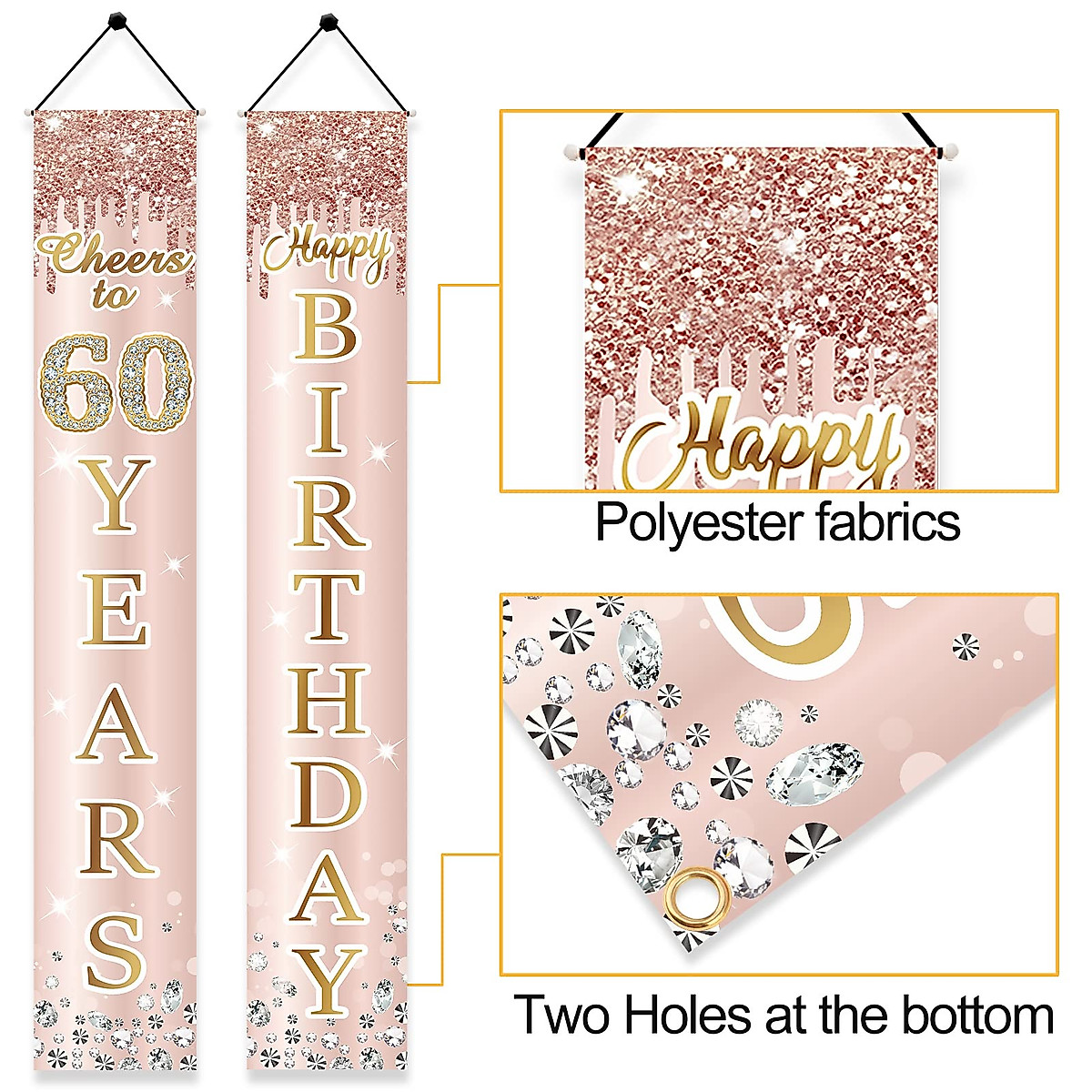 60th Birthday Decorations Door Banner for Women, Pink Rose Gold Cheers to 60 Years Birthday Backdrop Sign Party Supplies, Happy Sixty Birthday Porch Decor for Outdoor Indoor