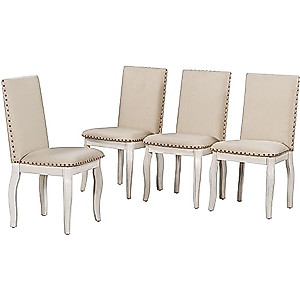 Goozio 5-Piece Farmhouse Dining Set with Wooden Round Extendable Dining Table and 4 Upholstered Dining Chairs, Oak Natural Wood + Antique White