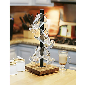Rae Dunn Coffee Mug Holder - 6 Hook Mug Holder - Coffee Mug Tea Cup Rack with Wooden Spinning Base and Hanging Hooks for Storage & Display - Mug Stand Organizer for Kitchen Counter or Cafe Countertop