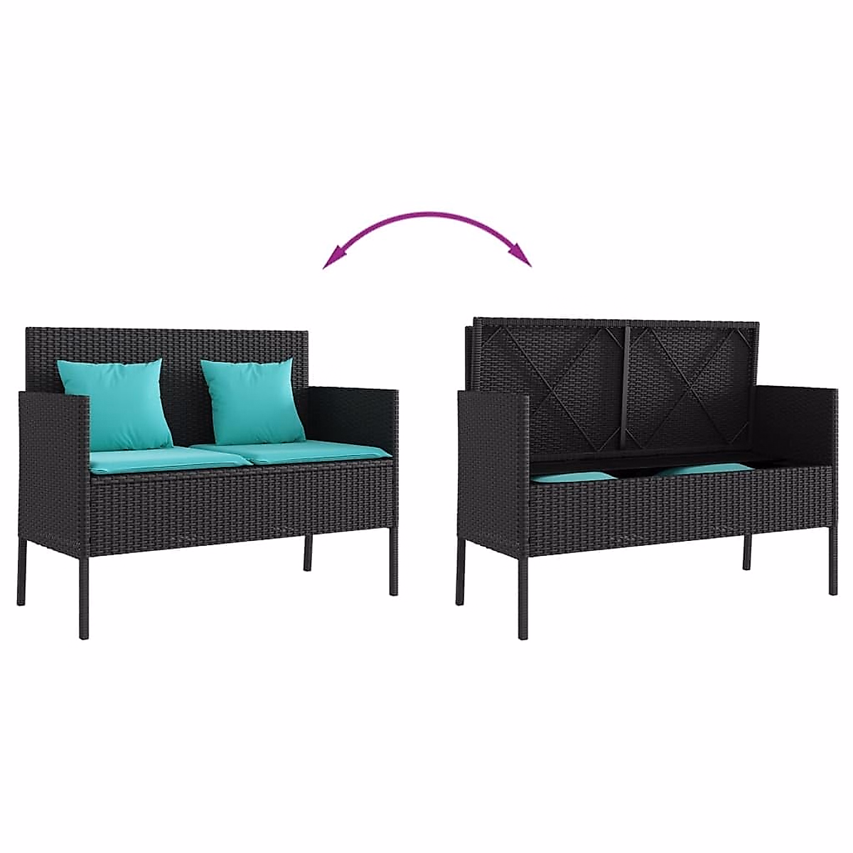 MINERWALL Patio Bench with Cushions Black Poly Rattan,Spacious Patio Bench with Storage and Cushions for Outdoor Comfort and Organization Patio Furniture