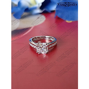 V Touch 14K White Gold Plated 925 Sterling Sliver 3 Piece Wedding His Engagement & Her Band Rings Sets Cushion & Princess Cut Created Diamond for Couple Mens and Women Trio Ring Set