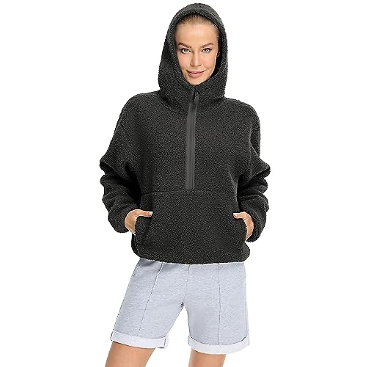 icyzone Women's Half Zip Hooded Sherpa Fleece Pullover Jacket, Oversized Warm Fuzzy Sweatshirt with Pockets (Black, L)
