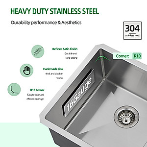 EcoChannels Undermount Kitchen Sink, 18 x 18 x 10 Inch Single Bowl Bar Sink 16 Gauge T-304 Stainless Steel Kitchen Sinks with Accessories