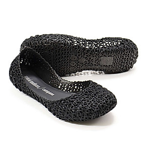 mini melissa Campana Papel Flats for Kids - Comfortable & Cute Closed-Toe Jelly Flat Shoes with Interwoven Cut-Out Design for Girls, Black Glitter, 13