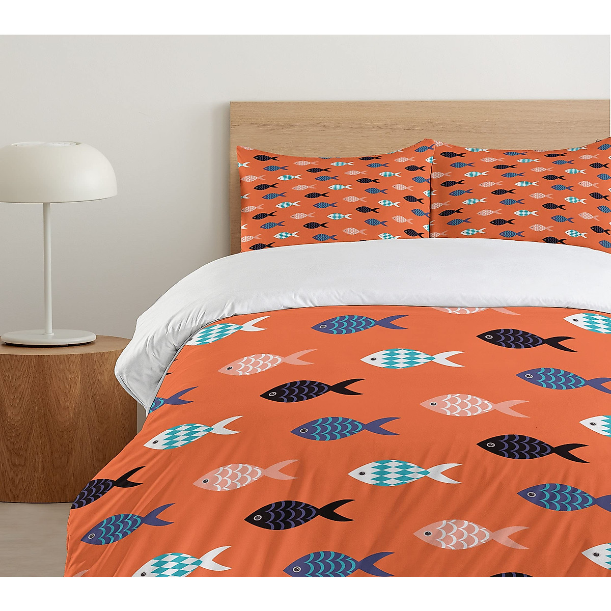 Ambesonne Peach Duvet Cover Set, Fishes Motif Nautical Marine Sea Underwater Creature Animal Aquarium, Decorative 2 Piece Bedding Set with 1 Pillow Sham, Twin Size, Coral Blue