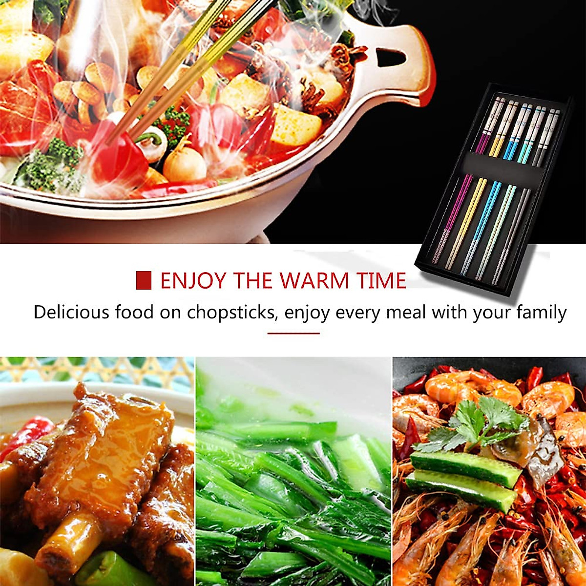 Hvanam 5 PaIrs Color 316 Stainless Steel 18/10 Reusable Chopsticks Set With Case Rainbow Multicolor Non-Slip Chopsticks Black Purple Gold Colored Blue For Dining Sushi Noodle Hot Pot,Dishwasher Safe