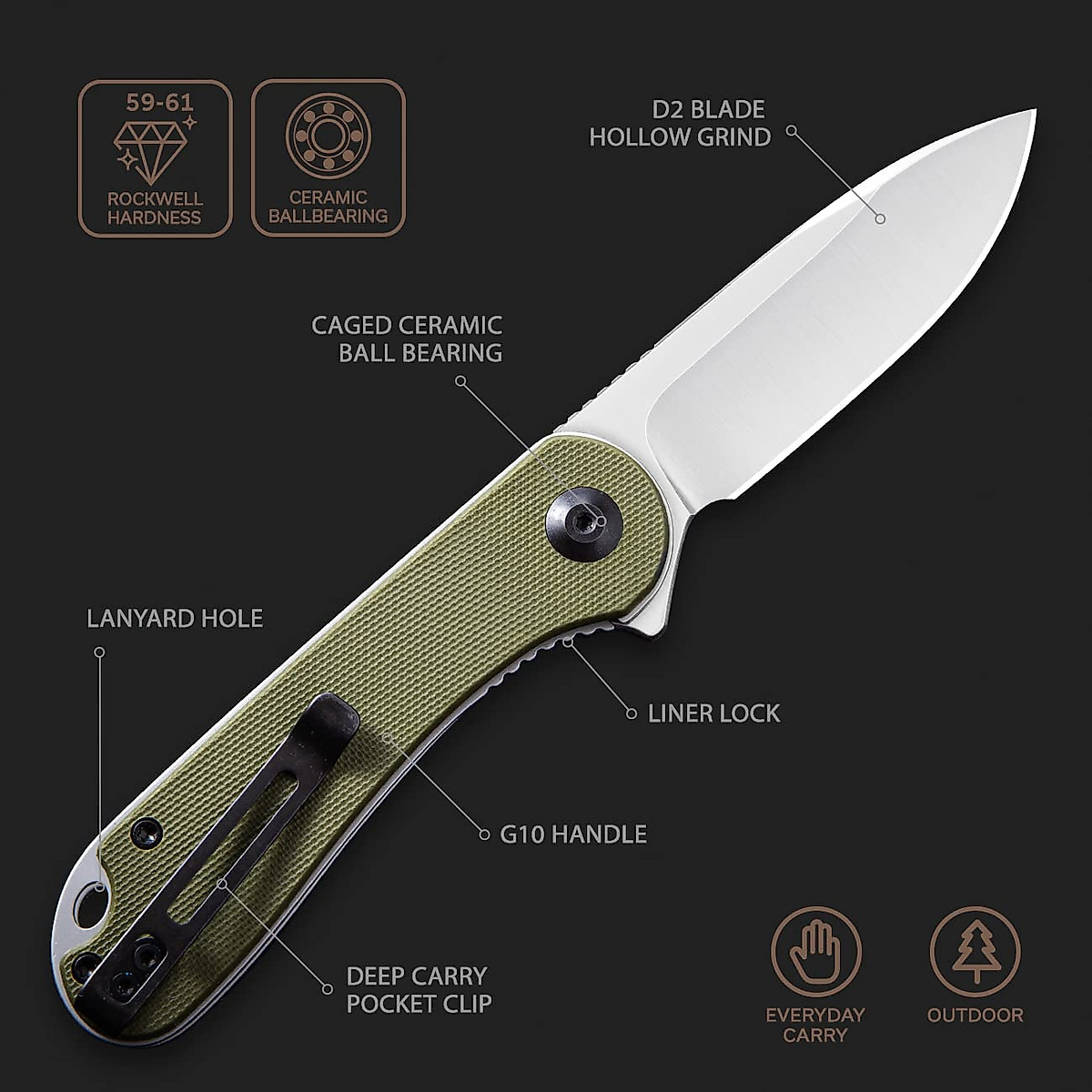 CIVIVI Knives Elementum Folding Pocket Knife 2.96" D2 Satin Blade,G-10 Handles C907E (Green)