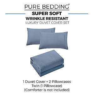 Pure Bedding Duvet Cover Queen [3-Piece, Ash Blue] - 1 Comforter Protector with Zipper Flap and 2 Pillow Shams - Hotel Luxury 1800 Brushed Microfiber - Ultra Soft, Cool and Breathable Comforter Cover