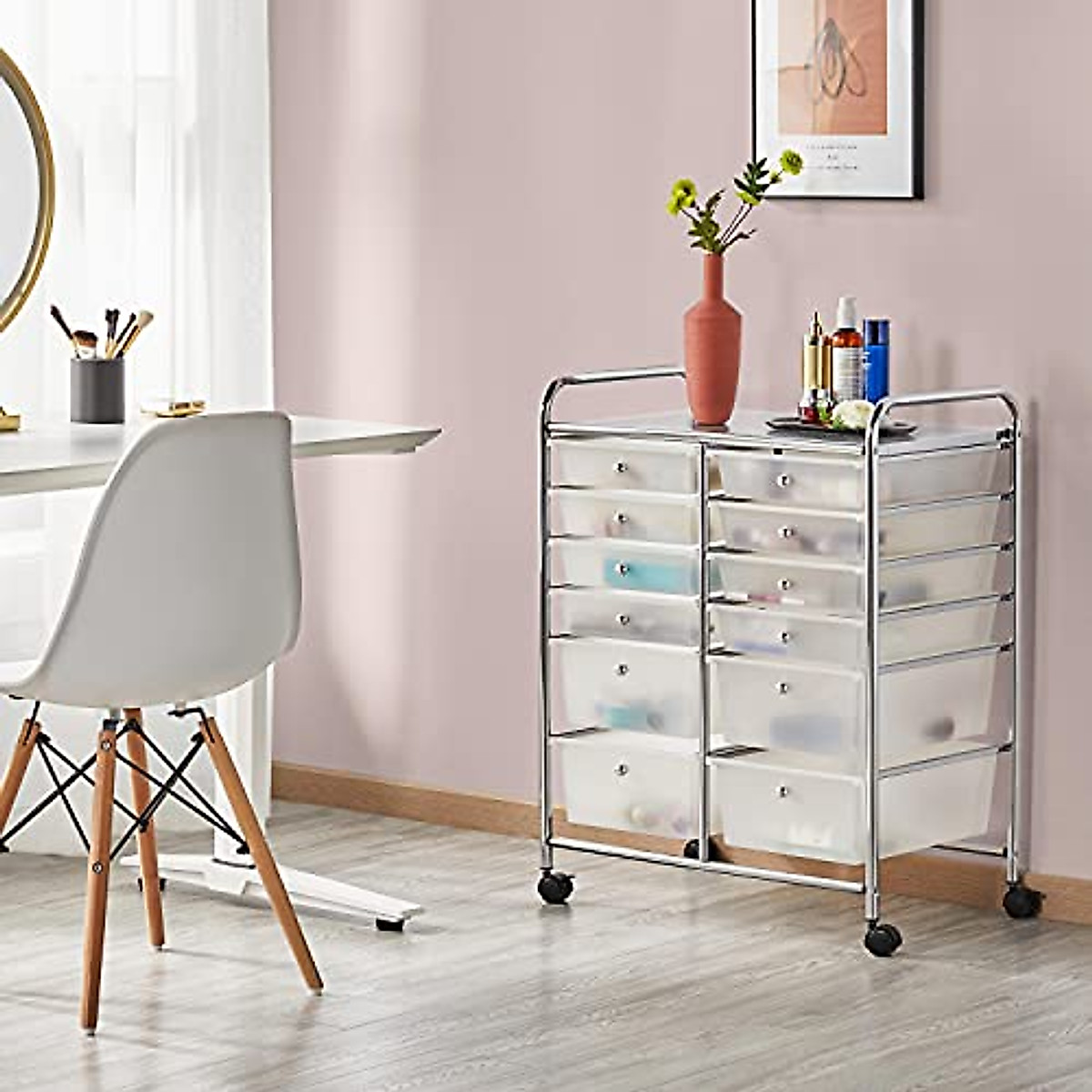 Utility Cart with 12 Drawers Rolling Multipurpose Movable Organizer Cart Storage Bin Trolley Tools Scrapbook Paper Organizer on Wheels(White)