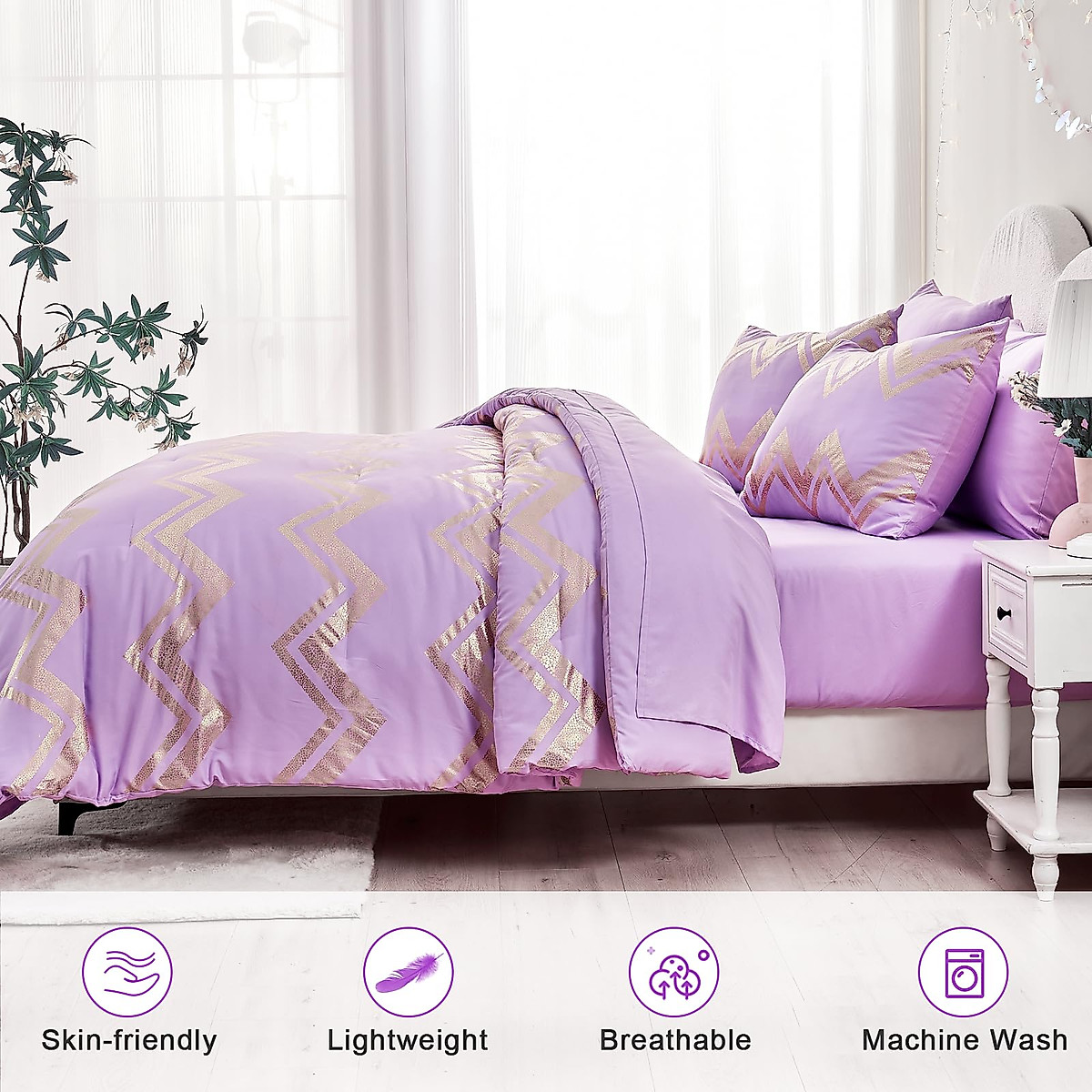 Wowelife 6 Piece Purple Twin/Twin XL Comforter Set for Girls Twin Bedding Sets Lavender Bedding Bed in A Bag Twin Bed Sets with Comforter, Flat Sheet, Fitted Sheet, 1 Pillowcase and 2 Pillow Shams