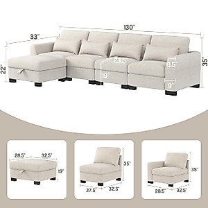 Lonkwa 130" Modular Sectional Sofa Couch, Beige Convertible L-Shaped Couch with 4 Pillow, 4 Seat Modern Fabric Modular Sectional Couch with Storage Ottoman, Sectional Couches for Living Room