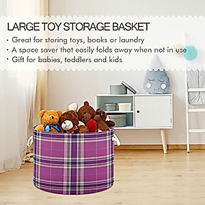 Kigai Purple Plaid Tartan Round Storage Basket, Toy Basket Bin with Cotton Rope Handle, Laundry Basket Hamper, Clothes Organizer 20 x 14 In