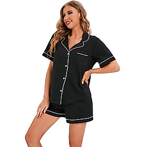 LUBOT 100% Cotton Women's Pajamas Set Short Sleeve Button-Down Shirt PJ Two-piece Shorts Set Summer Night Suit Sleepwear Loungewear (Black, M)
