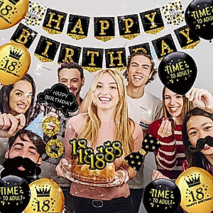 18th birthday decorations for boys girls,(76pack) black gold party Banner, Pennant, Hanging Swirl, birthday balloons, Tablecloths, cupcake Topper, Crown, Photo Props, Birthday Sash for men gift