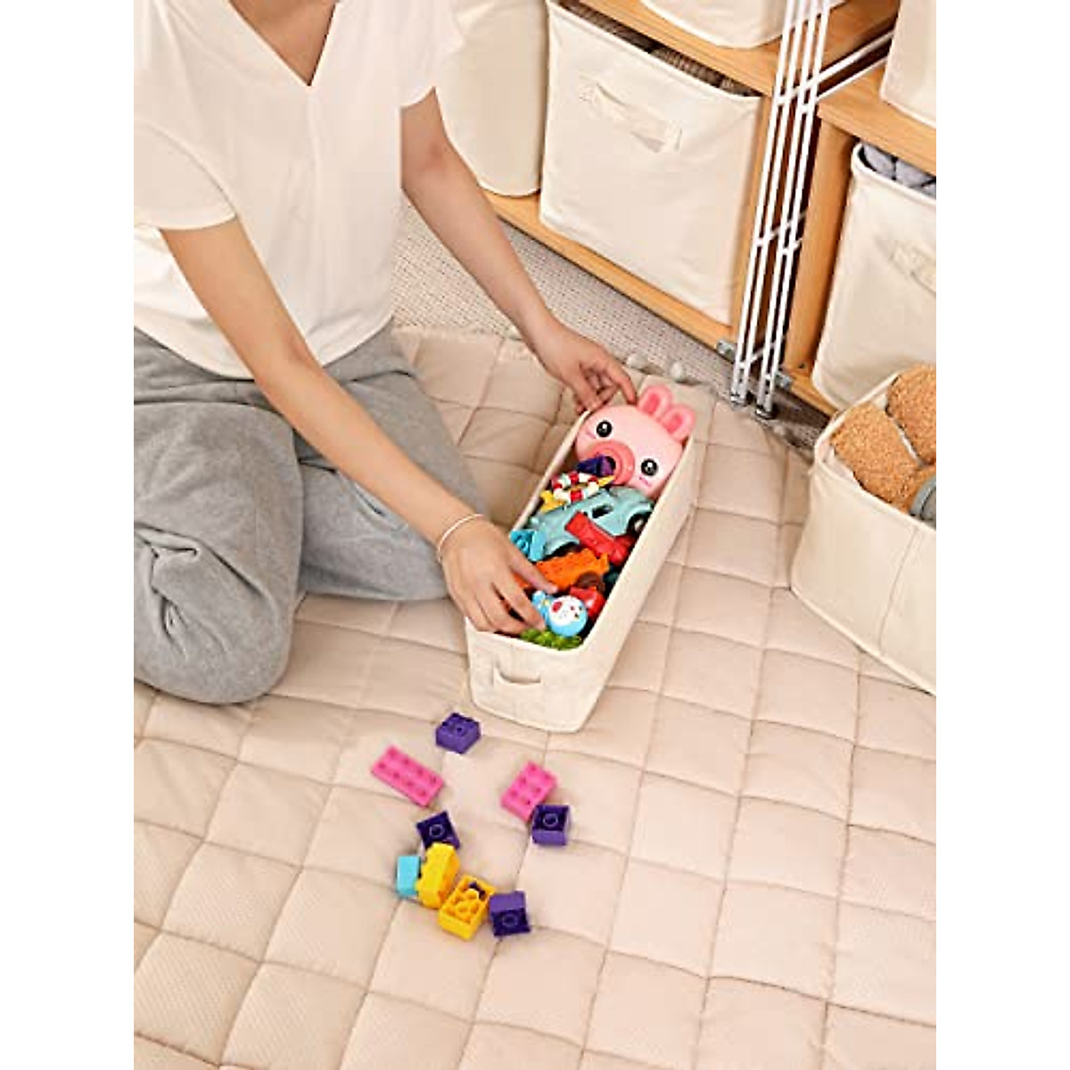 YONBEN Decorative Basket Rectangular Fabric Storage Bin Organizer Basket with Handles for Clothes Storage (11.6 x 8 x 7.8, Beige)