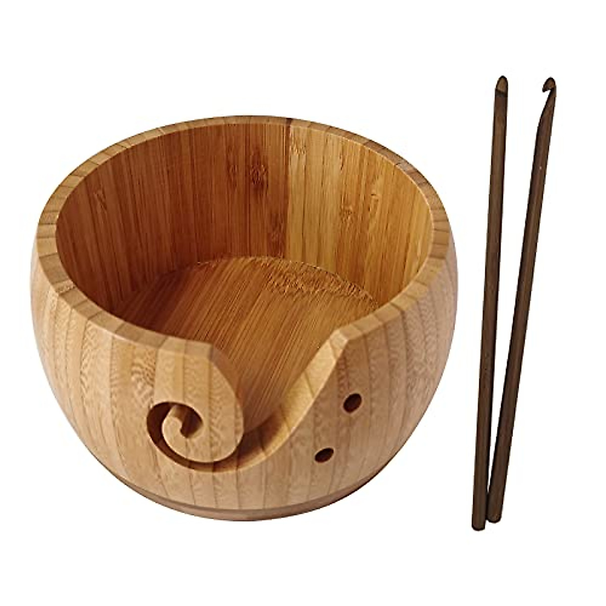 DUDNJC Wooden Yarn Bowl Knitting Bowl with 2 Bamboo Crochet Hooks, 6x3.1in Wool Storage Handmade Crochet Kit Organizer Prevent Slipping Yarn Holder for Crocheting Knitting DIY Crafts Tools(Wood)