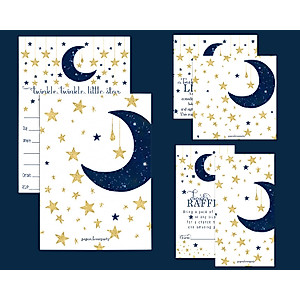 Twinkle Little Star Baby Shower Invitation Bundle (25 of Each) Blank Invites with Envelopes for Boys Diaper Raffle Insert and Bring a Book Insert Cards Set Navy and Gold Theme Celestial