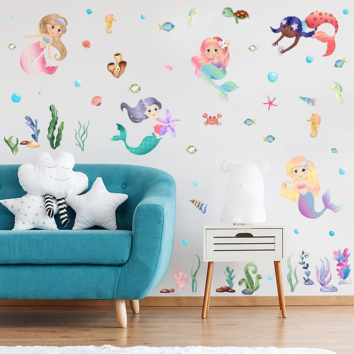 PLIGREAT 2 Sheets Mermaid Wall Stickers, Ocean Creature Decor, Bathroom Mermaid Decals for Girls Bedroom Baby Nursery Kid Room Bathroom Decor Gift