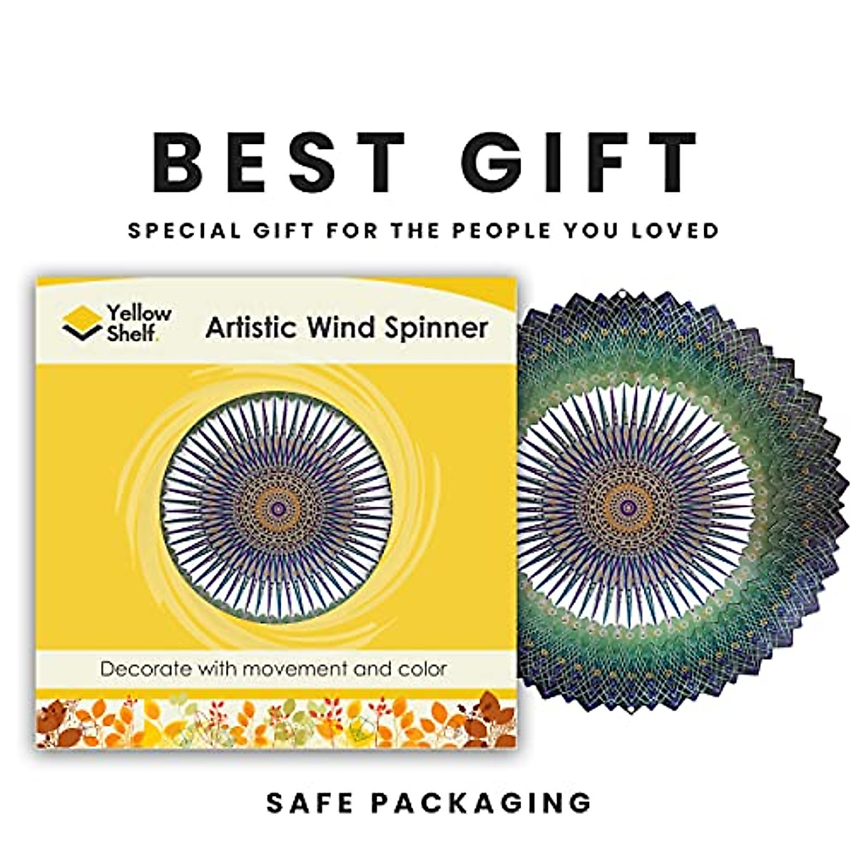 Yellow Shelf Kinetic Wind Spinners for Yard & Garden - Stainless Steel 3D Mandala Spinner - Hanging Wind Spinner for Lawn, Patio & Outdoor Decorations 12 inches