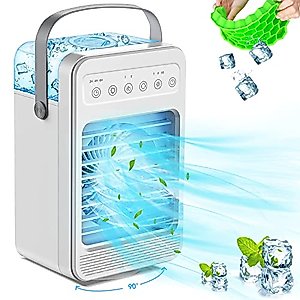 Portable Air Conditioner, 90° Oscillating Evaporative Personal Air Cooler Humidifier with 4 Wind Speeds, Timer & LED Light, USB Quiet Fast Cooling Fan for Home, Office, Bedroom, Car, Camping - White