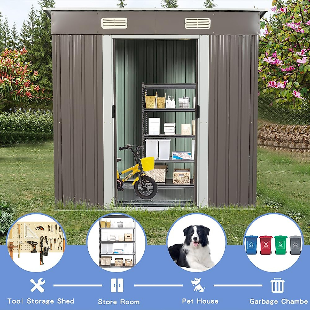 CuisinSmart Flat top Flat top Outdoor Storage Shed Waterproof,6x4 Ft Metal Garden Shed for Bike,Trash Can,Machine,Galvanized Steel Outdoor Storage Cabinet,Tool Storage for Garden,Patio,Backyard