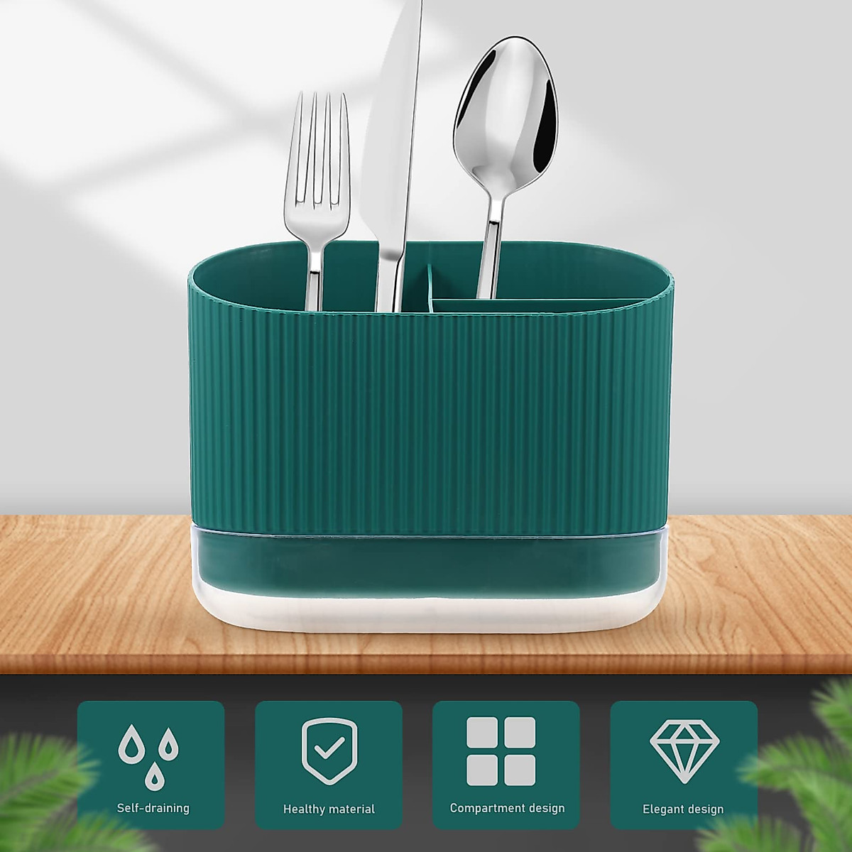 TOPBATHY Kitchen Utensil Draining Chopstick Cage Silverware Drainer Basket 3 Divided Cutlery Drying Utensil Crock Sink Countertop Flatware Organizer for Spoons Forks Green