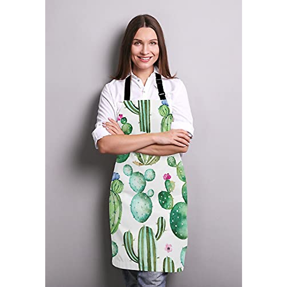 Lefolen Cactus Adjustable Bib Apron, Tropical Watercolor Cactus Plants Cooking Kitchen Apron for Men Women