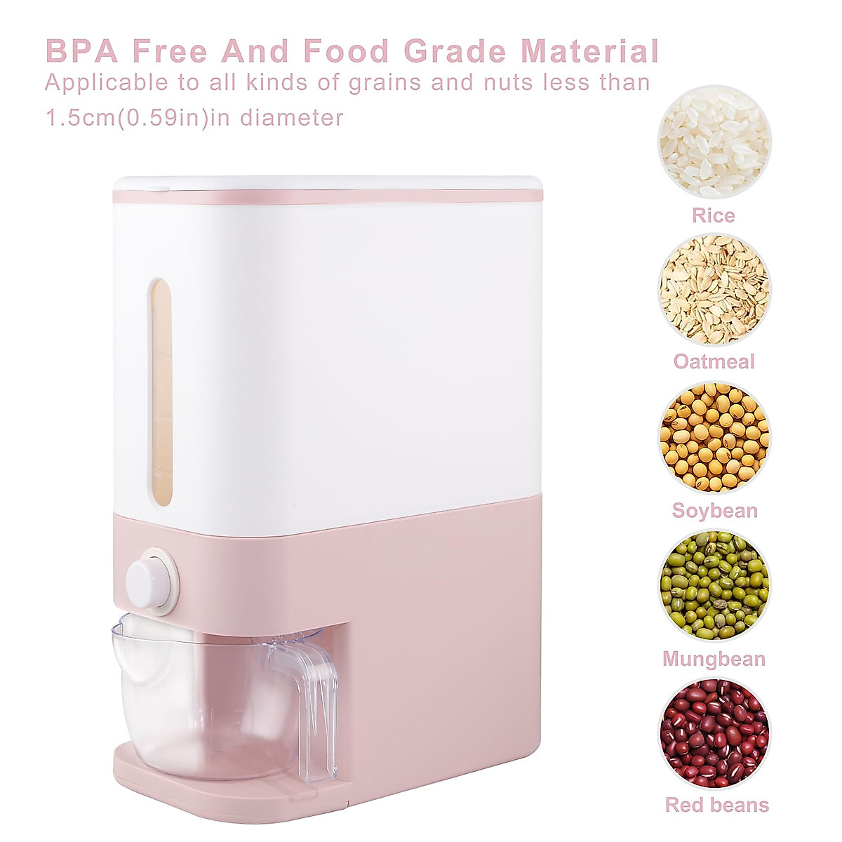 Rubtlamp 20 Lbs Pink Rice Dispenser, Plastic Food Storage Container, Large Rice Storage Container with Lid, Moisture Proof Household Cereal Dispenser Bucket, Sealed Grain Container Storage for Kitchen